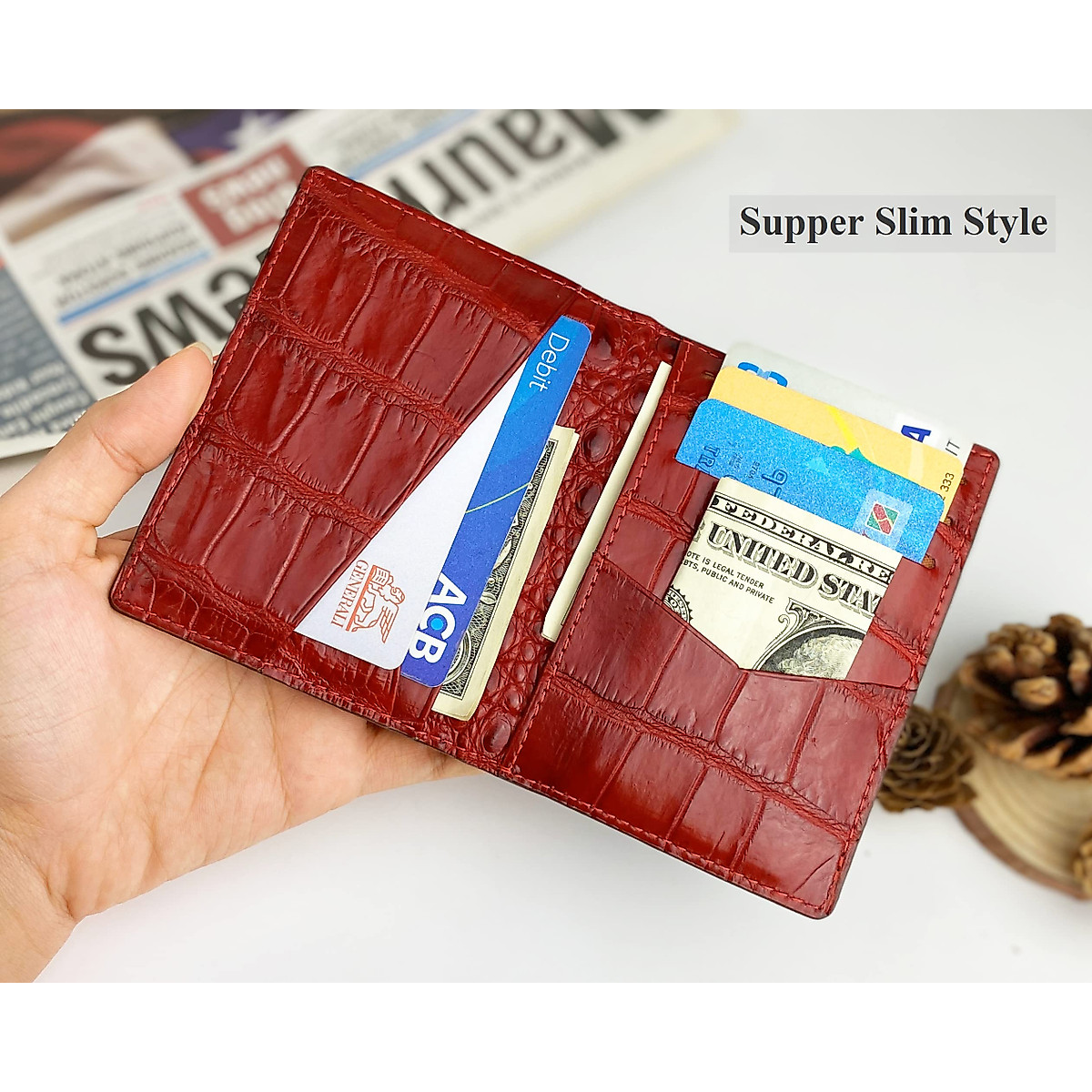 Black Red Slim Alligator Leather Card Holder Business RFID Blocking Men Two Tone Minimalist Crocodile Bespoke Wallet Double Side Handmade CARD-12