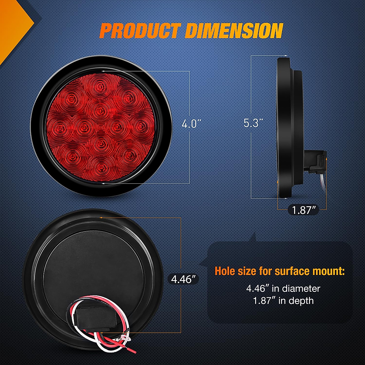 Nilight - TL-18 2PCS 4" Round Red LED Trailer Tail Lights w/Surface Mount Grommet Plugs IP67 Stop Brake Turn Tail Lights for Truck Trailer RV Jeep