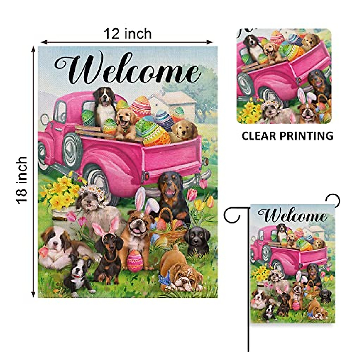 Covido Home Decorative Welcome Easter Eggs Pink Truck Dog Garden Flag, Country Puppy House Yard Daffodil Tulip Daisy Flowers Outside Decoration, Spring Floral Outdoor Small Decor Double Sided 12 x 18