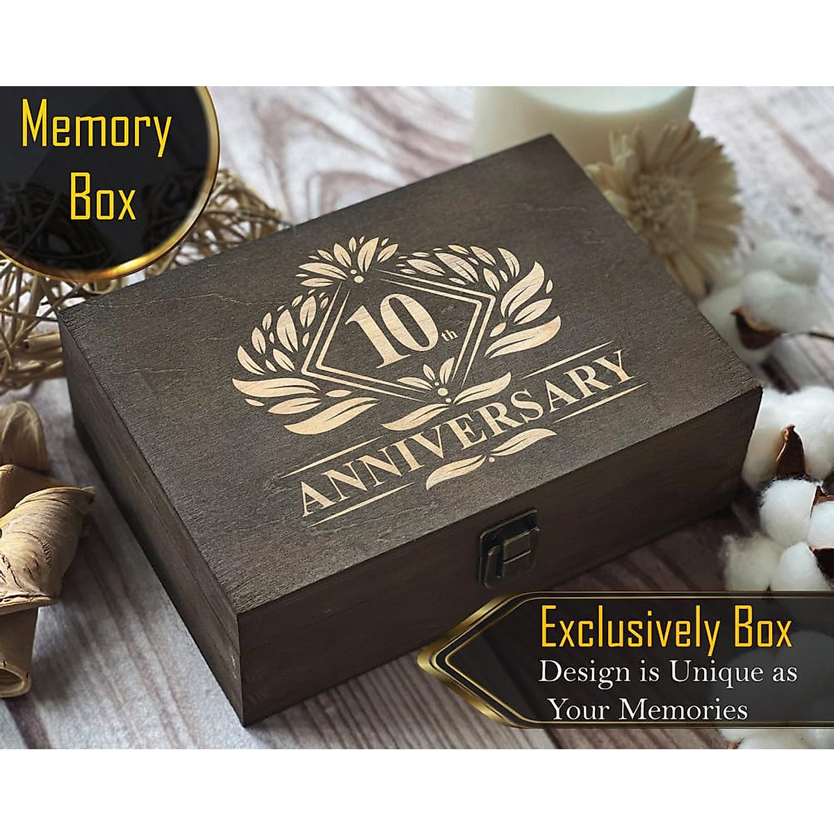 10th Anniversary Commemorative Wooden Box - Engraved Decade Milestone, Perfect for Couples