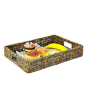 MadeTerra Rectangular Seagrass Tray with Mother of Pearl Inlay Wooden Base Insert Handle, Decorative Nacre Serving Basket for Food, Coffee Table Decor, Decoration, Storage and Display…