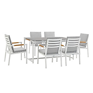 Armen Living Royal 7 Piece White Aluminum and Teak Outdoor Dining Set with Light Gray Fabric
