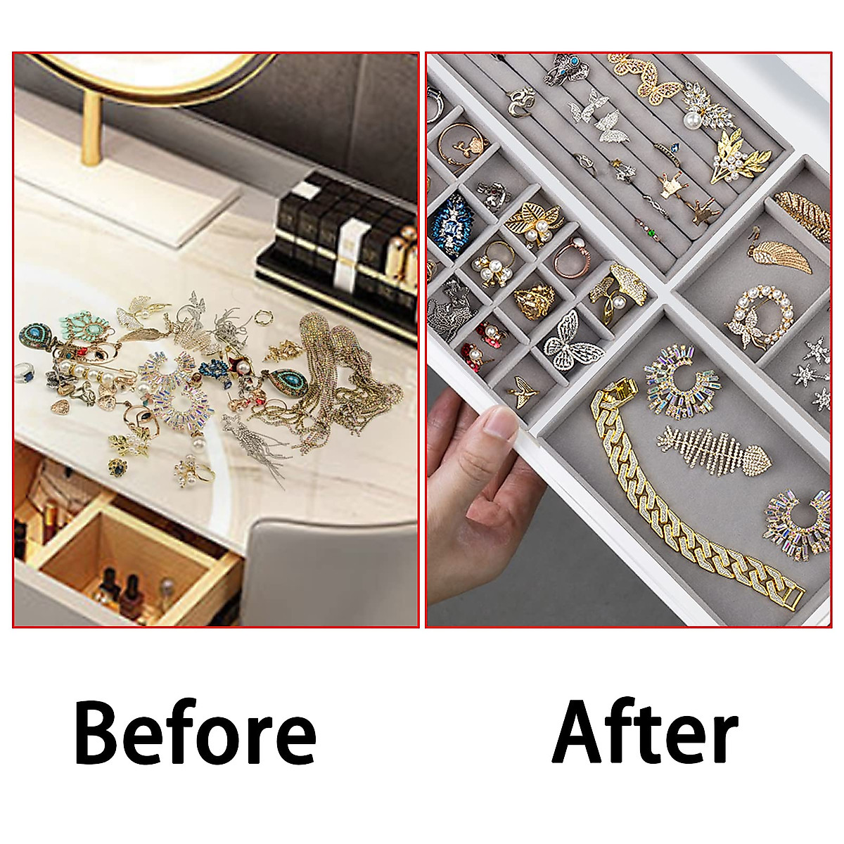 Ptaedex Stackable Velvet Jewelry Trays Organizer for Drawers, Small Jewelry Drawer Organizer Display Tray for Earring Ring Watch Bangle Bracelet Necklace, Set of 4, Gray