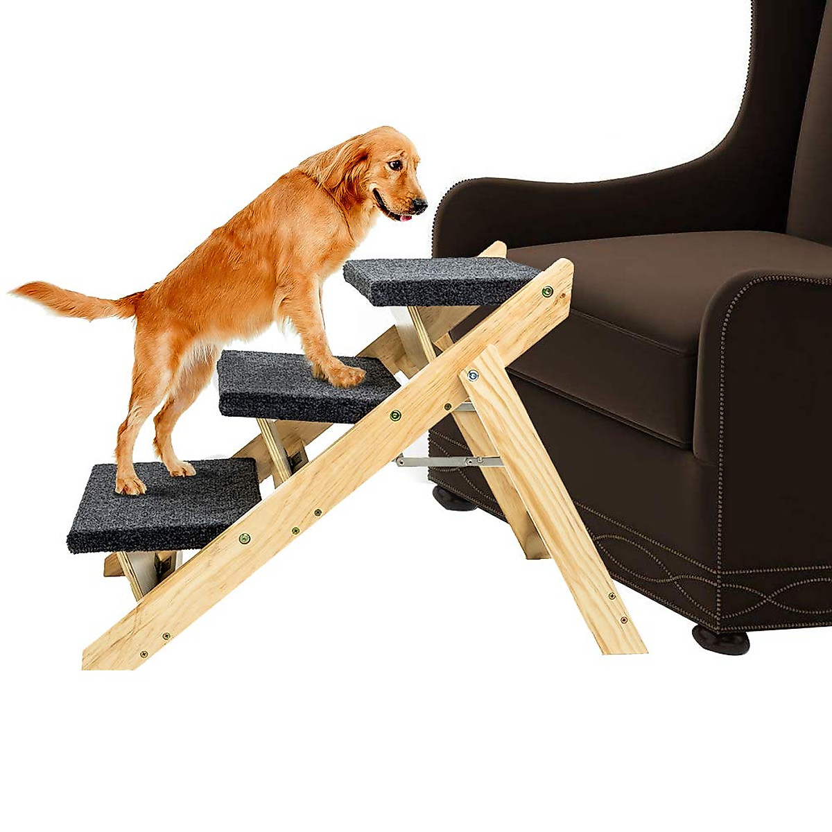 MEWANG Wood Pet Stairs/Pet Steps - Foldable 3 Levels Dog Stairs & Ramp Perfect for Beds and Cars - Portable Dog/Cat Ladder Up to 110 Pounds