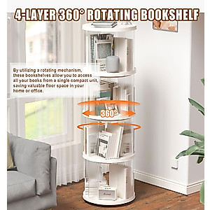 Aeovot Clear Round Rotating Bookshelf, 4 Tier Spinning Bookshelf Swivel Bookcase Tower for Kids Bedroom, Freestanding Modern White Corner Bookshelf Storage Display Rack