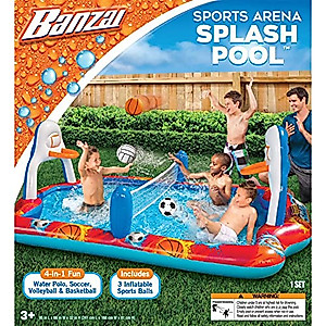 Banzai Outdoor Inflatable Sports Arena 4 in 1 Play Center Water Park Pool with Soccer, Volleyball, and Basketball Sports Ball, Ages 3+