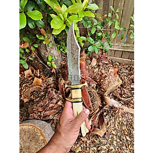 Vainsta Fixed Blade Knife with Sheath 15 Inch Handmade Custom Damascus Hunting Knife, Hand Forged Classic Bowie Knife with Camel Bone Handle for Firm Grip, white