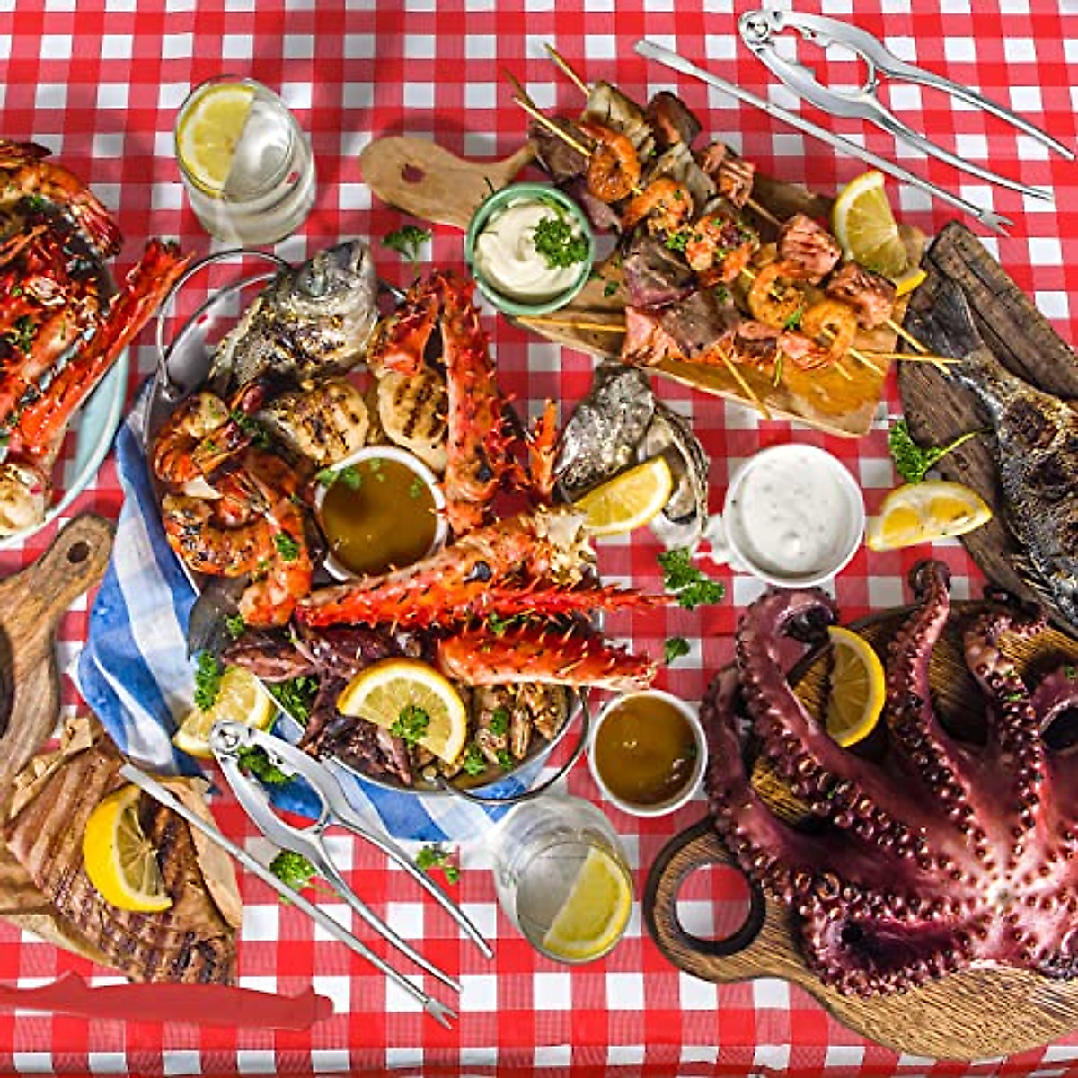 Mepase 62 Pcs Seafood Tools Set Nut Cracker Set 12 Crab Crackers, 12 Crab Forks/Picks, 12 Lobster Shellers, 12 1.7 oz Dipping Sauce Cups, 12 Lobster Bibs, 2 Red Checkered Disposable Plastic Tablecloth