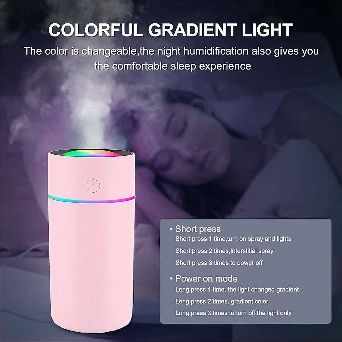 SPOLI Mini Humidifier for Bedroom,USB Portable Humidifier,320ml Water Tank,Suitable for Cars,Offices,Bedrooms, etc, 2 Mist Modes，Automatic Shut-Off，Nano Mist,Super Quiet. (Pink)