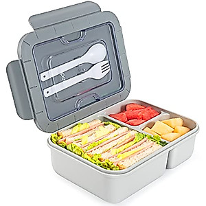 Caperci Premium Bento Box Adult Lunch Box for Older Kids - Leakproof 44 oz 3-Compartment Lunch Containers for Adults and Teens, Ergonomic Design, Built-in Utensil Set & BPA Free (Grey)