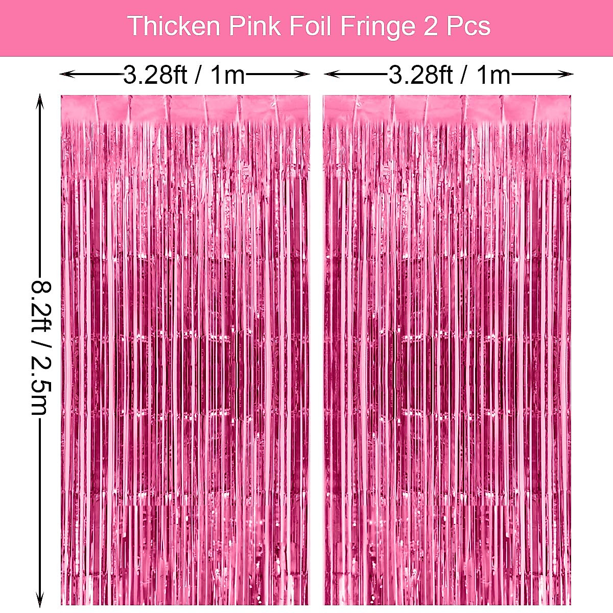 Thicken Pink Foil Fringe Curtains Decorations 3.2x8.2ft - 2 Pack, Photo Backdrop for Birthday Bachelorette Bridal Shower Baby Shower Graduation Party, Party Streams Decor