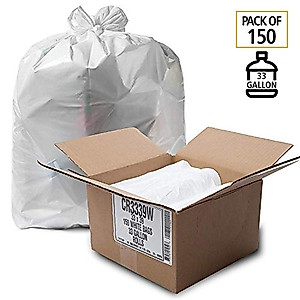 Aluf Plastics 33 Gallon Trash Bags, 33" x 39" , White (Pack of 150) - For Bathroom, Household, Office, and Lightweight Garbage - Coreless Rolls