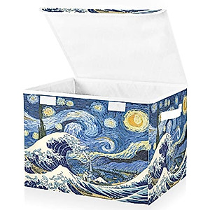 xigua Van Gogh Wave Stars Storage Bins with Lids and Carrying Handle,Foldable Storage Boxes Organizer Containers Baskets Cube with Cover for Home Bedroom Closet Office Nursery