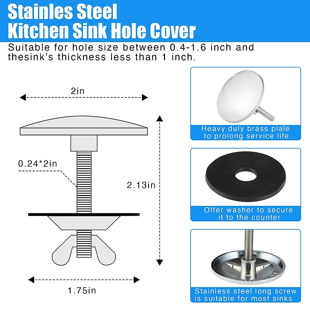 Kitchen Sink Hole Cover - Stainless Steel Faucet Hole Cover - Bathroom Sink Hole Plug - Modern Design to Match Your Aesthetic - Durable Covers Work with Most Kitchen and Bathroom Sink Holes