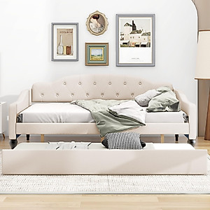 Upholstered Full Daybed with Twin Size Trundle, Full Size Daybed Frame with Button Tufted and Wingback Design, Wooden Full Sofa Bed for Livingroom Bedroom, No Box Spring Needed,Beige