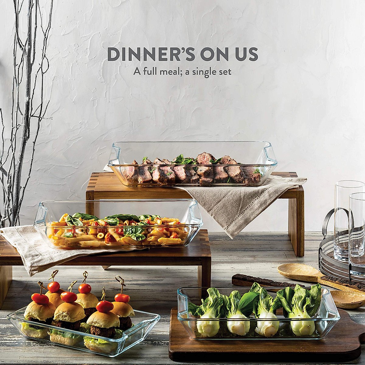 4-Piece Rectangular Glass Casserole Dish Set - Modern Design, Grip Handles, Nesting Storage