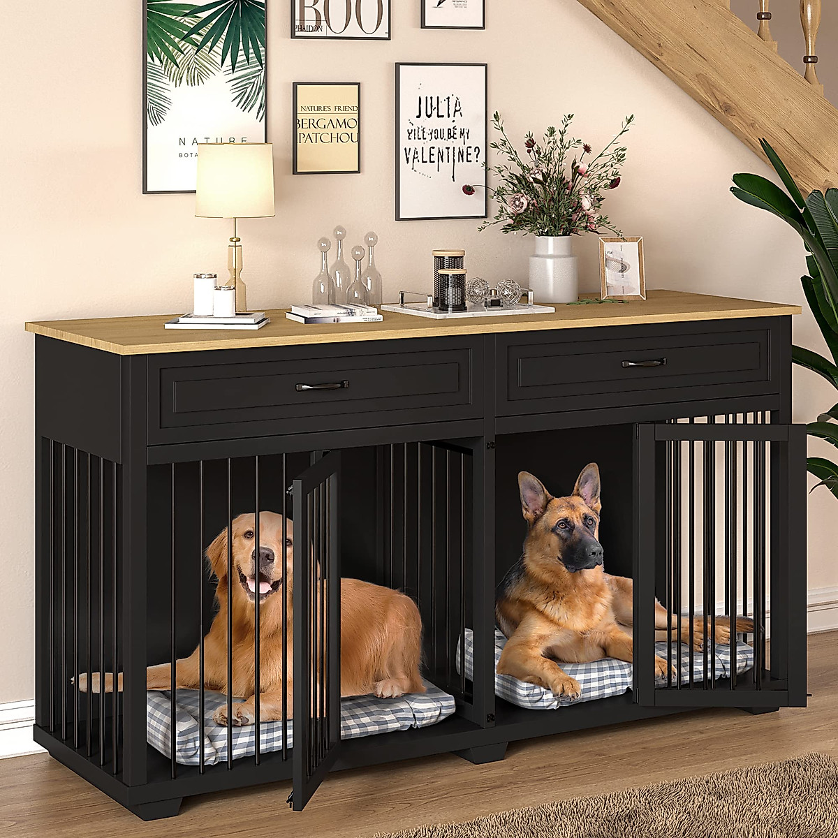 Lovinouse Large Double Dog Crate Furniture, 72.4" Wooden Dog Crate Kennel with 2 Drawers and Divider, XXL Dog Crates Furniture for Large Dog or 2 Medium Dogs Indoor, Black+Natural Tabletop