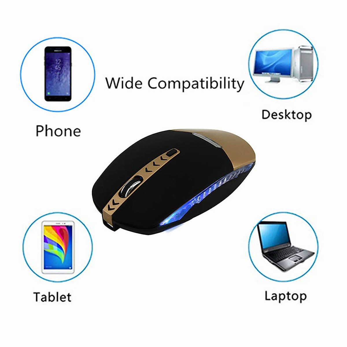 Bluetooth Wireless Mouse,Dual Mode Bluetooth 4.0 Mouse 2.4G Optical Mouse with USB Receiver,Rechargeable 4 Adjustable 1600 DPI for Small Hand,PC, Laptop, Windows, Android, OS System(Black and Gold)