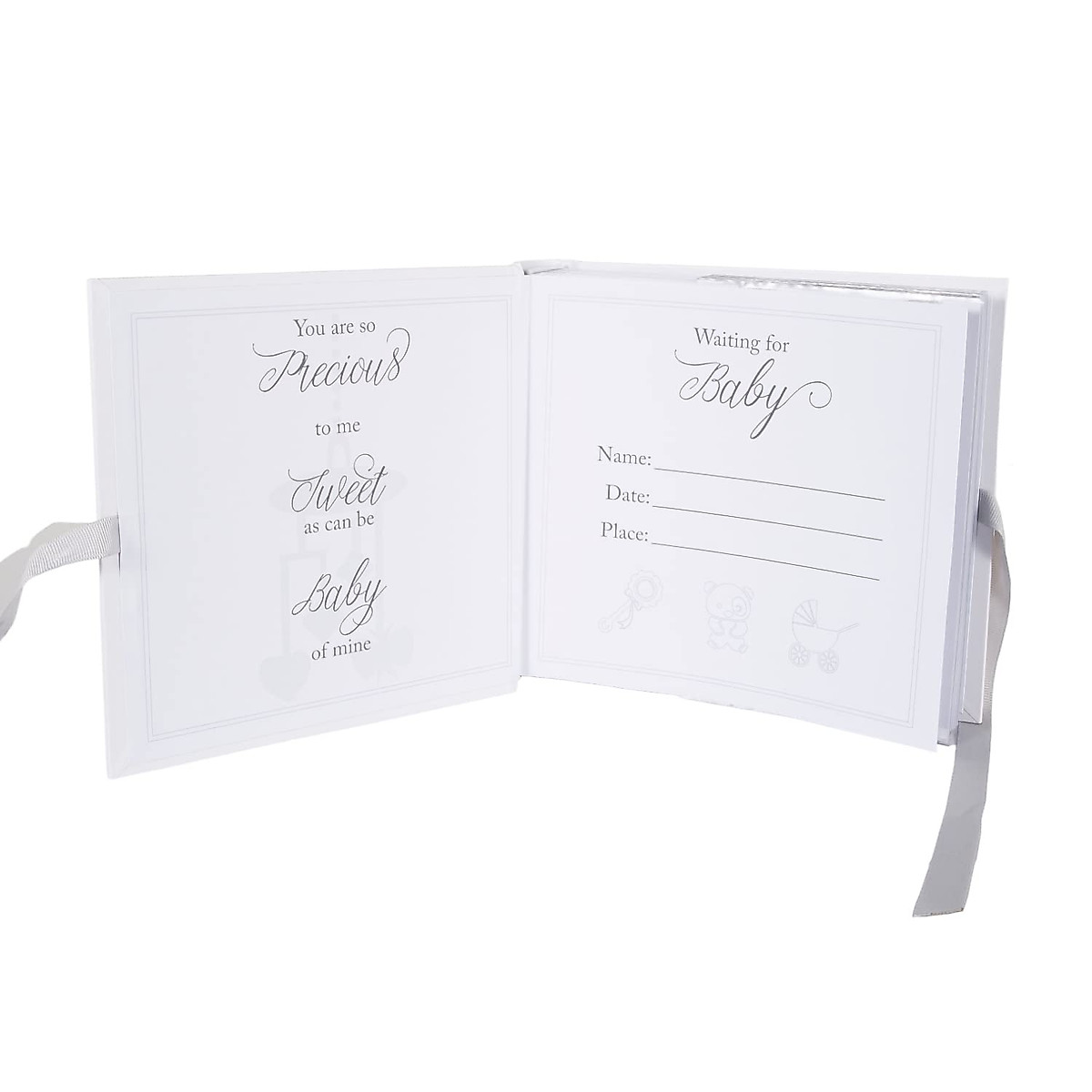 Happy Homewares Beautiful Ivory White Baby Shower Photo Album with Silver Plated Teddy Bear and Stars | Holds 80 Photos | Luxurious Grey Fabric Ribbon