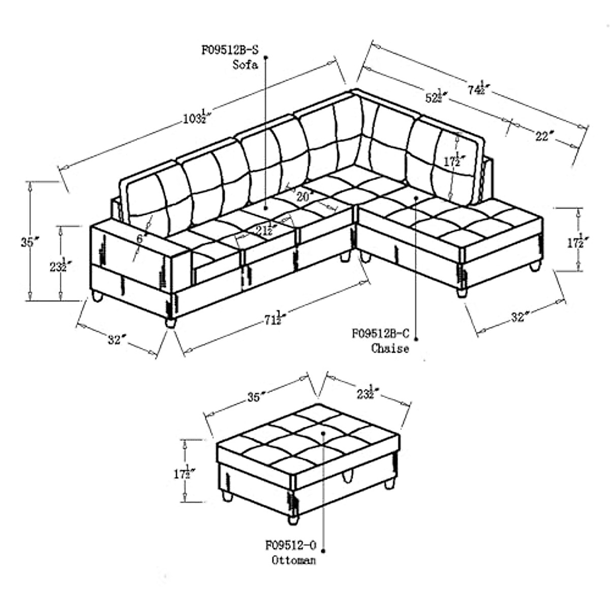 NOTOP 3-Piece Faux Leather L-Shaped Sectional Sofas, Button Tufted Upholstered Couch Set with Right Chaise Longue and Storage Ottoman, for Living Room, Home, Office, Latte