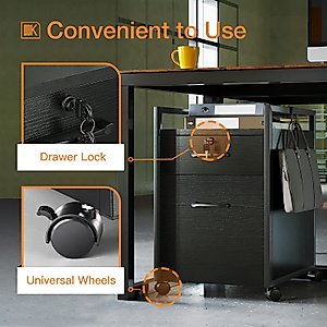 ODK File Cabinet with 2 Drawers, Mobile Office Cabinet with Lock on Wheels, Rolling Office Printer Stand Filing Cabinet for A4, Letter Sized Document with Iron Hook, Black
