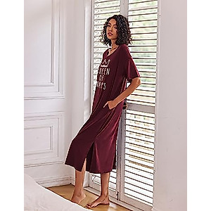 Ekouaer Women Long Nightgown Soft Short Sleeve O Neck Sleepwear Plus Size Night Shirt Nightshirt Wine Red XXXL