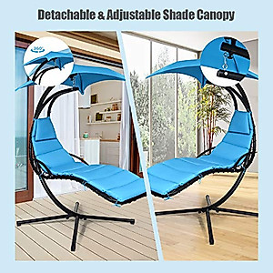 Giantex Hanging Chaise Lounger Chair, Arc Stand Porch Swing Chair, Outdoor Swing with Canopy, Cushion Built-in Pillow, Outdoor Hanging Curved Chaise for Patio Poolside Backyard Garden (Blue)