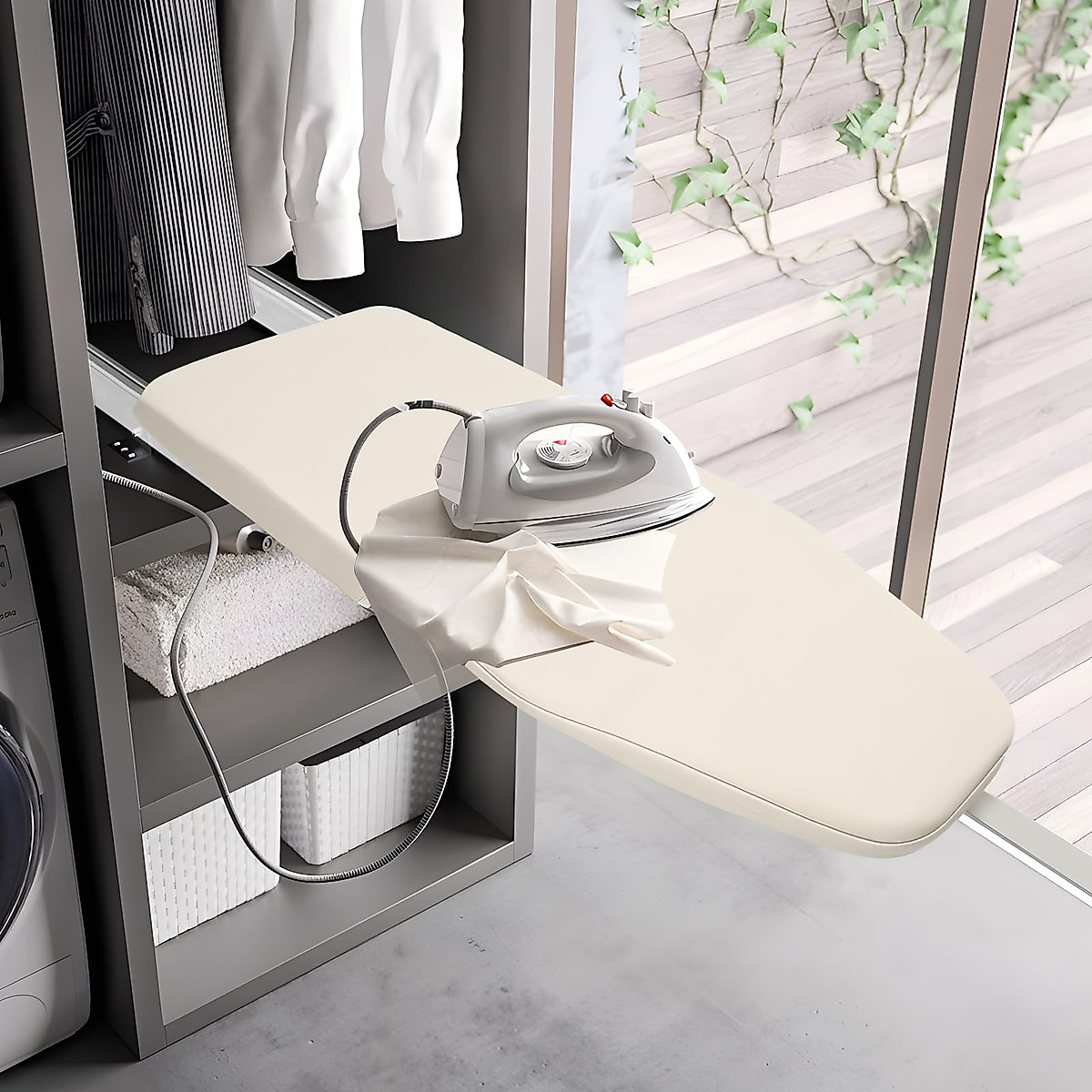 31.9" X 12.2" Closet Pull-Out Ironing Board, Buit-in Iron Board Mini Ironing Board Stow Away in The Cabinet | 180° Rotation for Small Spaces | with Cotton Ironing Board Cover | Beige