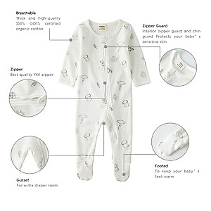 Owlivia Organic Cotton Baby Pajamas, Boys Girls Zip Front Sleep 'N Play, Footed Sleeper, Long Sleeve(Newborn, Ivory White)