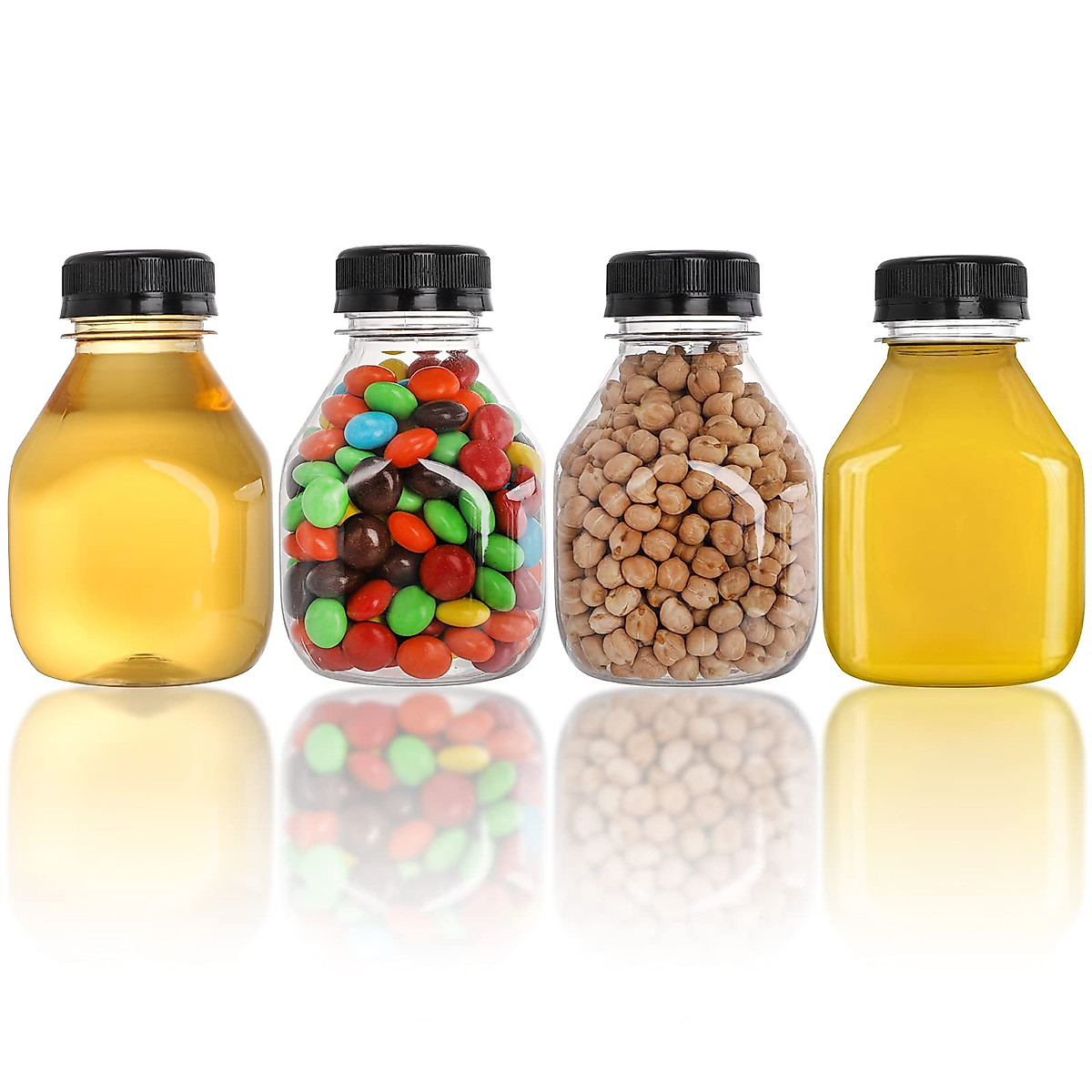 DEAYOU 24 Pack Plastic Juice Bottles, 8 OZ Empty Clear Beverage Bottles with Caps, Small Reusable Drink Container with Black Tamper Evident Lid for Take Out, Milk, Smoothie, Juicing, Cold Drinks