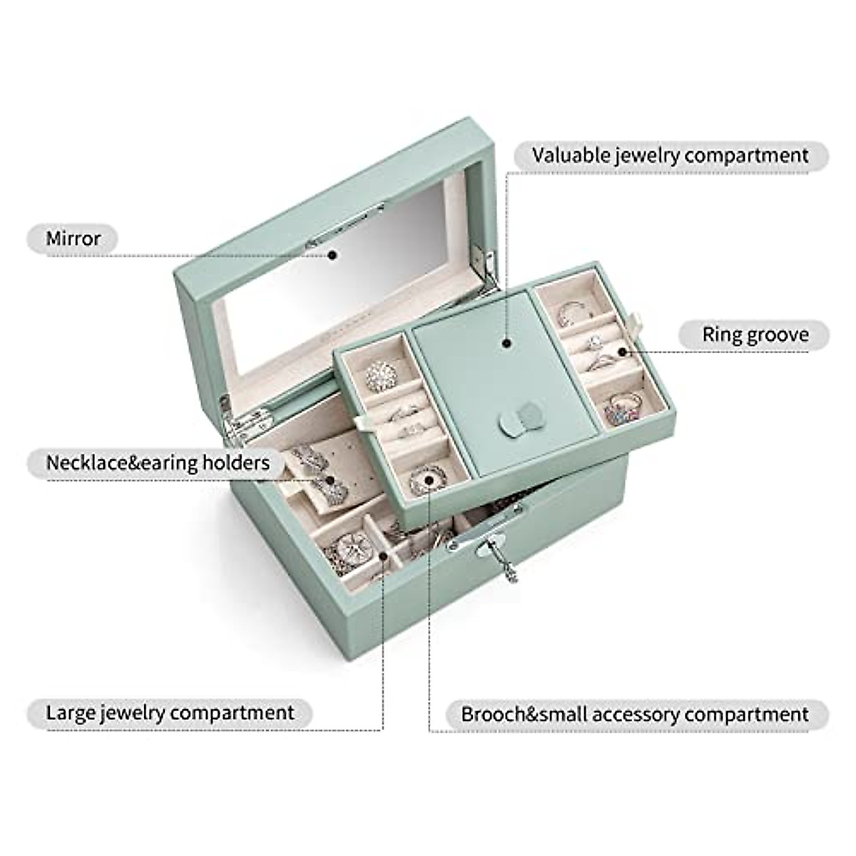 Vlando Lockable Jewelry Box, Two Tray Jewelries Collections Organizer, Girls Gift -Aqua Green