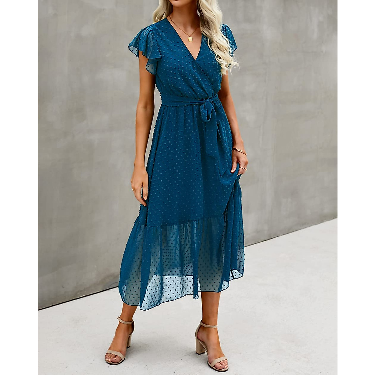 BTFBM Women Summer Bohemian Floral Casual Wrap V Neck Ruffle Cap Sleeveless Belt A-Line Pleated Hem Swing Midi Sun Dress (Swiss Dot Lake Blue, l)