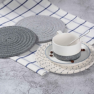 Lifaith Potholders Set Trivets Set 100% Pure Cotton Thread Weave Hot Pot Holders Set (Set of 3) Hot Pads, Hot Mats, Stylish Coasters, Spoon Rest for Bakingand Cooking, Diameter 7 Inches (Grey Set)