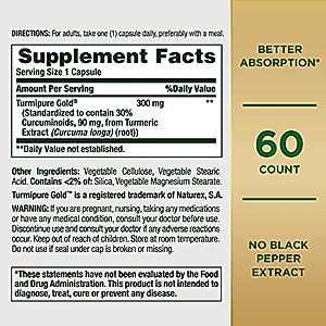 Nature's Bounty Advanced Turmeric Curcumin Provides 750% Better Absorption Without Black Pepper Extract or Bioperine. 60 Count Capsules. 60 Servings. Packaging May Vary