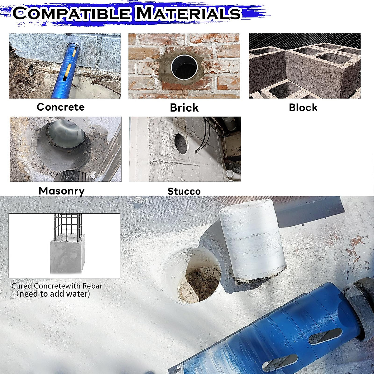 DaduoRi 2" Dry Core Drill Bit for Brick and Block with 3 Adapters Included: SDS Plus, SDS Max and 1/2" Hex Shank, 9.5" Drilling Depth Core Bits for Soft Concrete,Brick,Stucco,Masonry, 5/8"-11 Thread