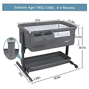 SURPCOS Baby Bassinet, Bedside Bassinet for Baby, Baby Cradle with Storage Basket, Adjustable Bedside Crib, Bedside Sleeper with Comfortable Mattress Grey