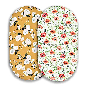 Moses Basket Baby Sheet Bassinet Set 2 Pack Sheet Cradle Fit for Halo Bassinet Swivel Sleeper Fitted Hourglass Bassinet Mattress Sheet (Floral)