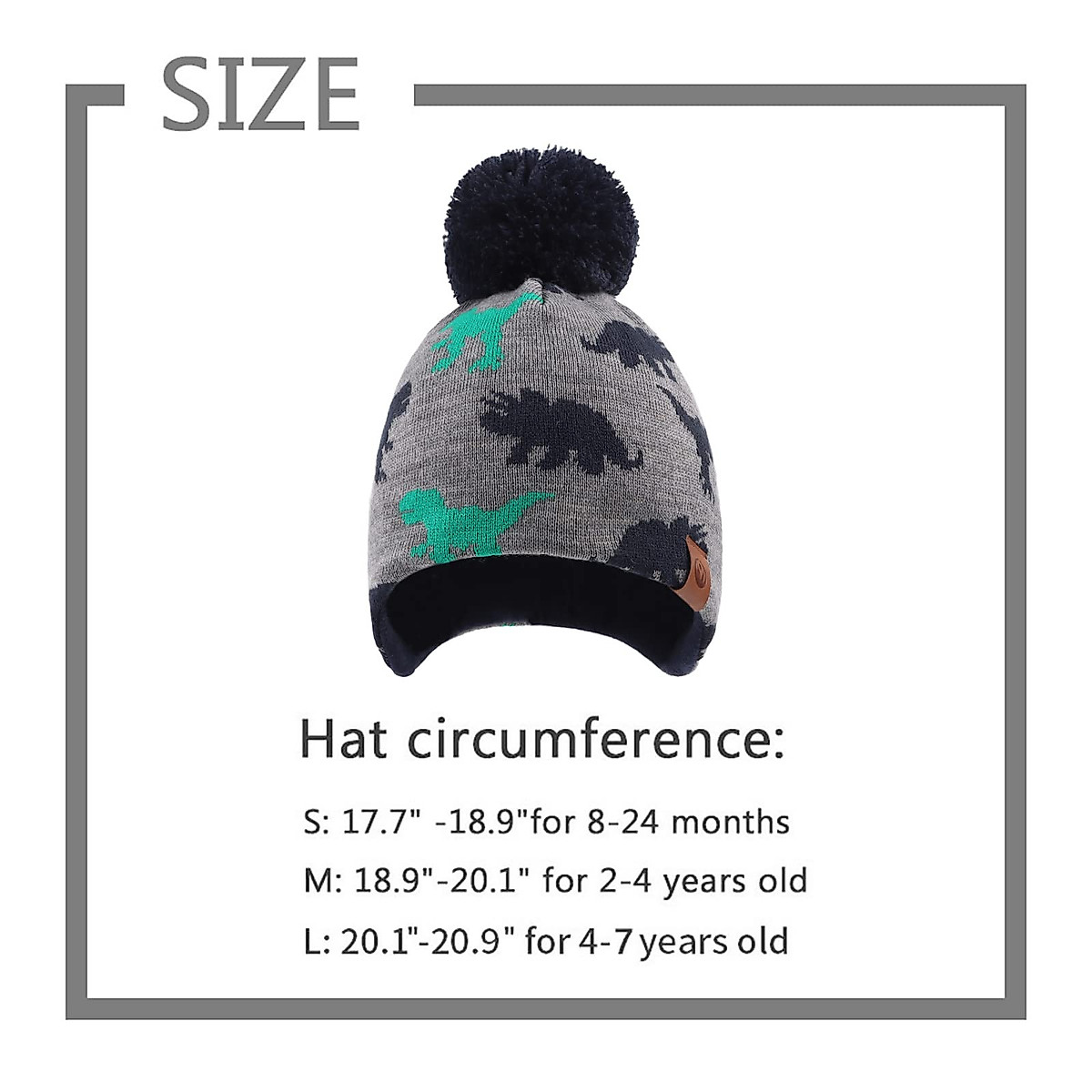 Knitted Baby Hat Scarf Set Winter Warm Boys Girls Beanie Fleece Lining Toddler Kids Hat with Pompom (Gray Dinosaur Hat, M)