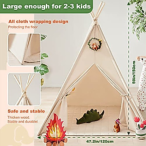 Tiny Land Kids-Teepee-Tent with Lights & Campfire Toy & Carry Case, Natural Cotton Canvas Toddler Tent - Washable Foldable Teepee Tent for Kids Indoor Tent, Outdoor Play Tent for Girls & Boys