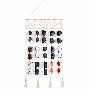 Mkono Sunglasses Organizer Holder Macrame Hanging Glasses Storage Organizer Boho with 15 Pockets and Decorative Tassels Decor Woven Eyewear Display for Wall and Door