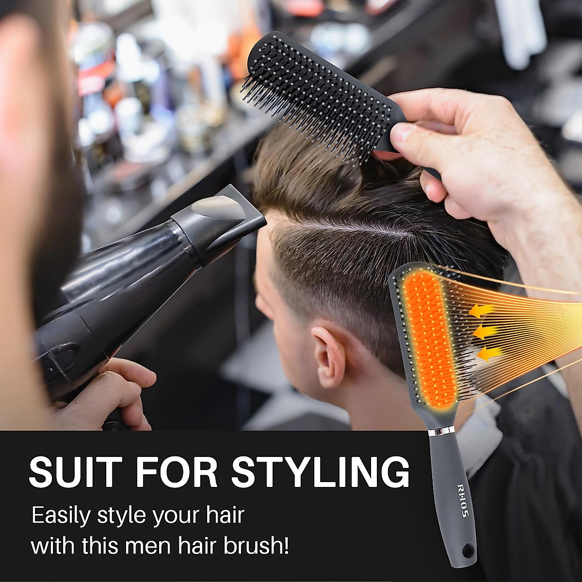 RHOS Hair Brush for Men - Detangler Hair Brush for Styling/Massage - Nylon Bristles for Wet & Dry Hair, Bangs, Thin, Short Hair - Gray