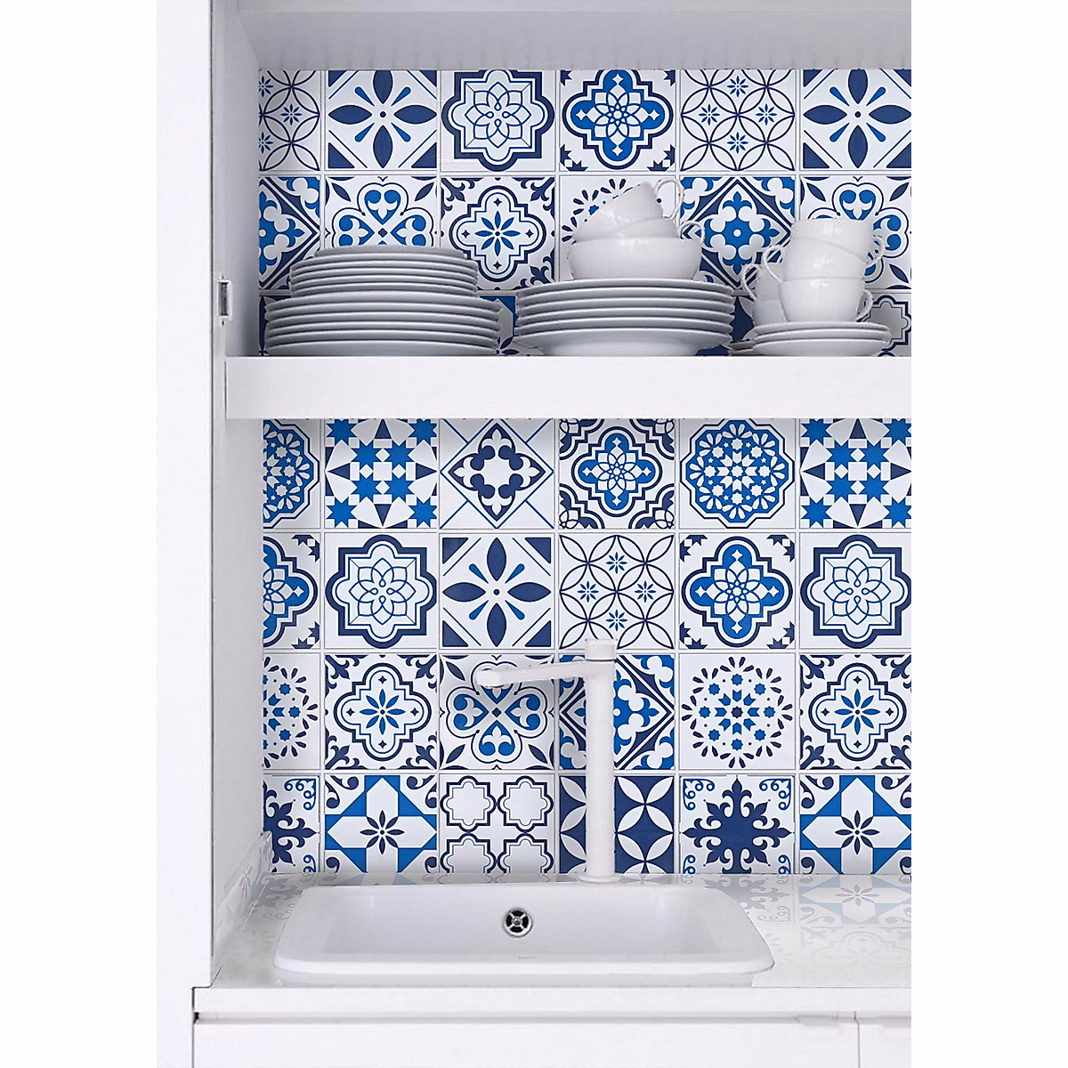 197"x 17.7"Blue Pattern Contact Paper Glossy Surface Waterproof Contact Paper Decorative Self Adhesive for Kitchen Bathroom Counters Removable Counter Paper Peel and Stick Wallpaper Easy to Clean