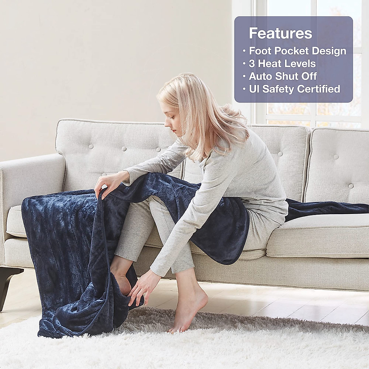 MP2 Plush Heated Throw Blanket with Foot Pocket for Adults | Electric Pedi Pockets Blankets W/ 2 Hour Auto Shut Off | 3 Heat Levels for Soreness Relief | Machine Washable - 50"X 62", Navy