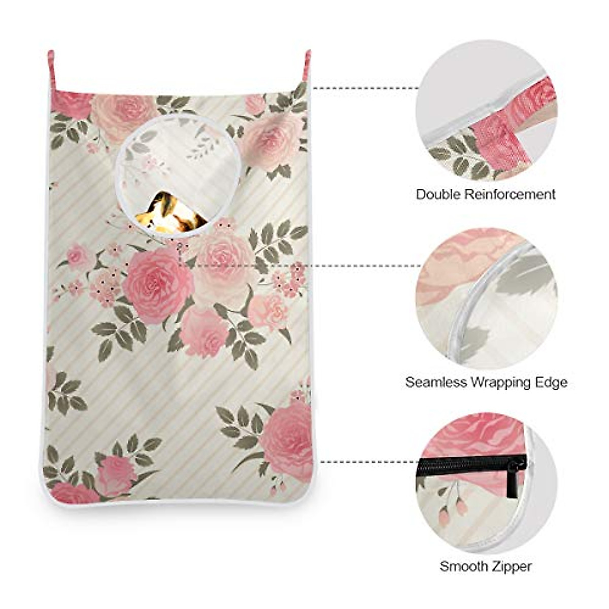 Hanging Laundry Bag Pink Flowers Door Hanging Laundry Hamper with Stainless Steel Hooks Wall Laundry Nook with Adhesive Hooks 1 PC
