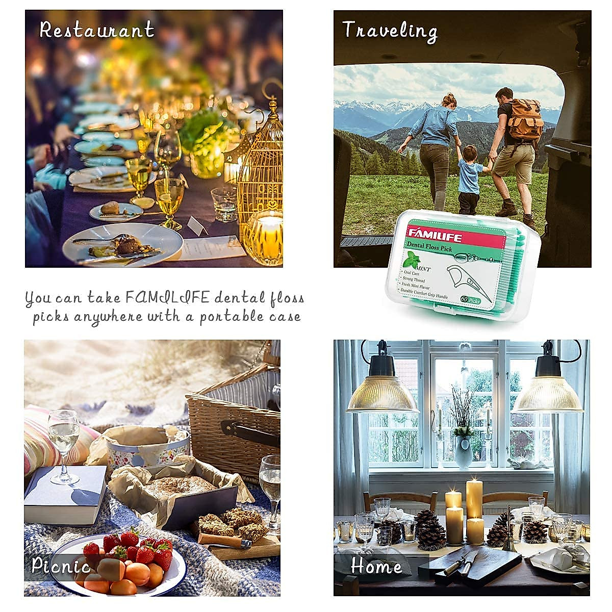 FAMILIFE Floss Picks Mint Dental Floss Picks with 4 Travel Handy Cases 240 Count Flossers and Double Line Flossers 200 Count, Unwaxed Flossing Thinner and Tougher Unflavored Threader Flosser