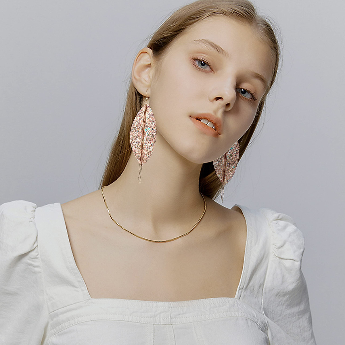 JIUIQL Unique Handmade Fashion Large Leopard Soft Leather Fringe Feather Dangle Drop Color Earrings Lightweight Faux Leather Sparkly Shine Glitter Leaf Earring for Women Statement Jewelry Gifts (Pink)