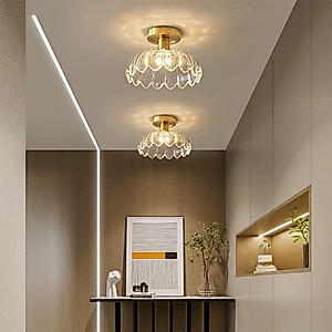 LONGDU Nordic Style Gold Ceiling Lamp,Semi Flush Mount Ceiling Light Fixture, Flower Glass Shade Ceiling Lights,for Bedroom Office Stairs Hotel Living Room Kitchen Hallway