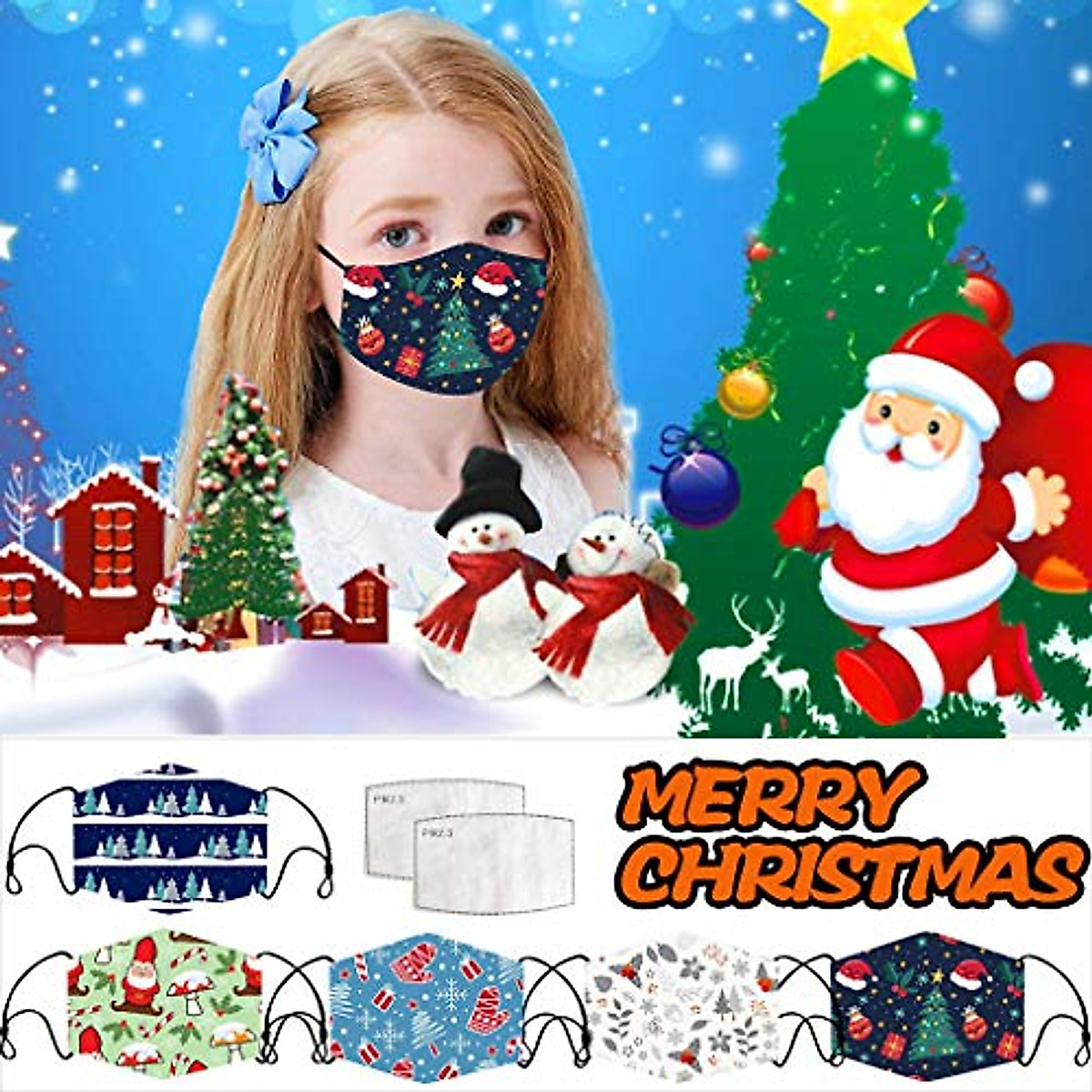 PENATE 1Pcs Kids Cool Mouth C-Over Christmas Printed Facemasks Washable and Reusable Face Bandanas +2PC Filters