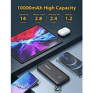 Portable Phone Charger Power Bank 10000mAh, Alongza Portable Charger Built in Cable USB Battery Pack, Slim External Backup Battery Charger with Cable, Travel Charger Compatible with iPhone and Android