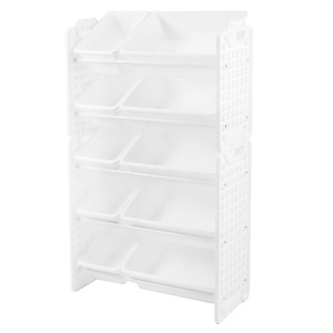 UNiPLAY 5 Tier Toy Storage Organizer with 10 Removable Bins, Re-Configurable Base, Multi-Functional for Books, Building Blocks, School Materials, Toys, or Garage Storage with Baseplate Board Frame